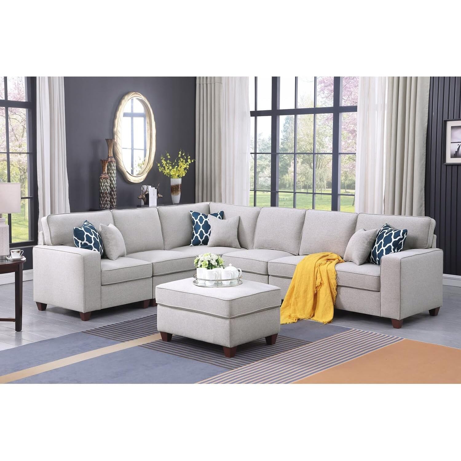 HomeStock Southwestern Sensibilities Upholstered Modern Linen Blend Fabric Sectional Sofa Set - Living Room Sectional Sofa with Ottoman, Living Room Sectional Couch Light Gray/7-Piece/Without Chaise