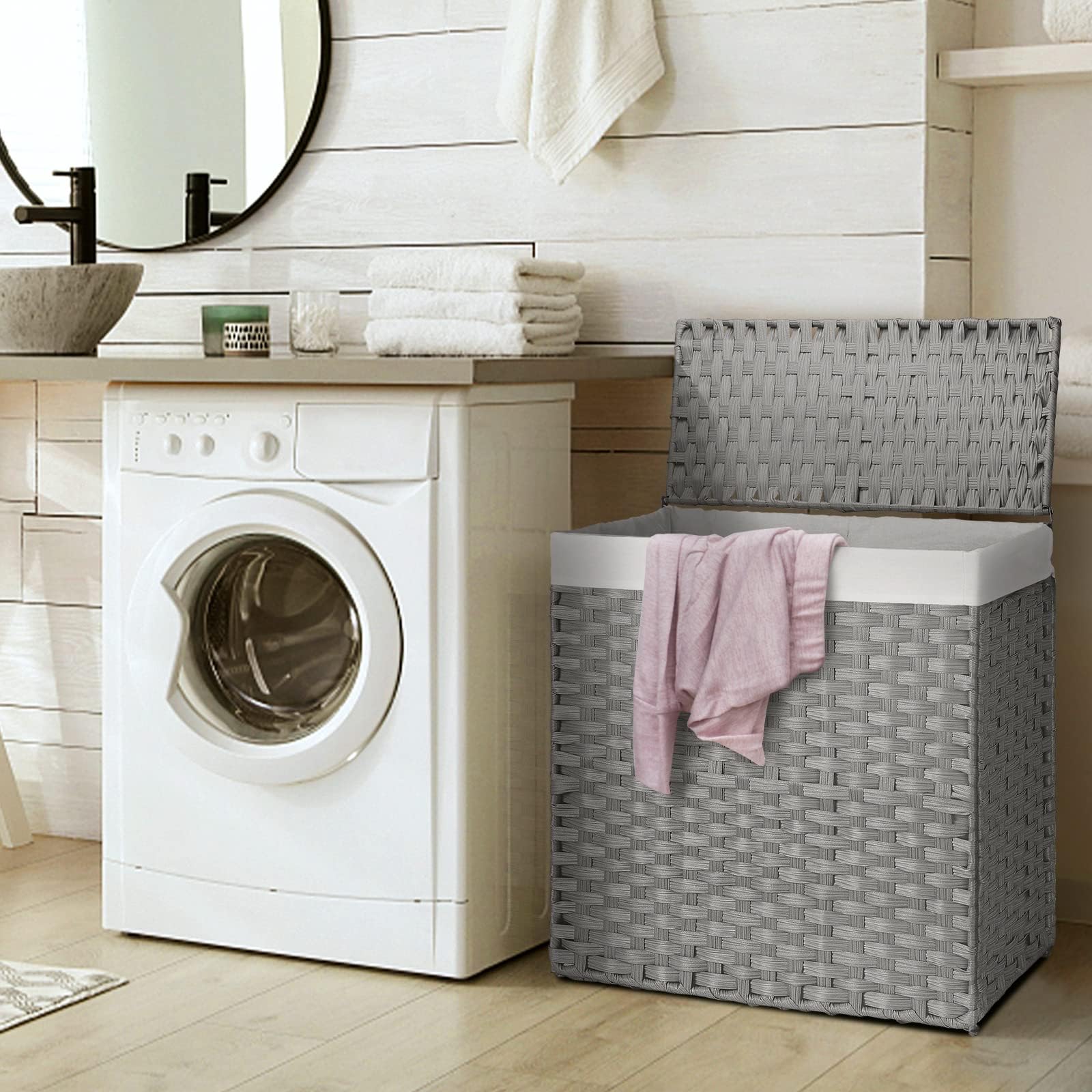 Bellzacasa Laundry Hamper with Lid, 110L Clothes Hamper with Removable Liner Bag Wicker Laundry Basket Laundry Hamper for Bathroom 22.4 x 13 x 23.6 Inches Grey