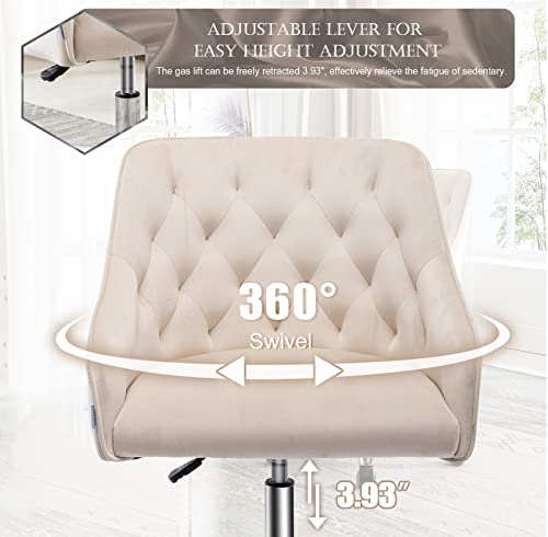 Baysitone Velvet Home Office Desk Chair, Modern Swivel Task Armchair with Adjustable Height, Upholstered Tufted Accent Computer Chair for Home and Office Working or Studying, Beige