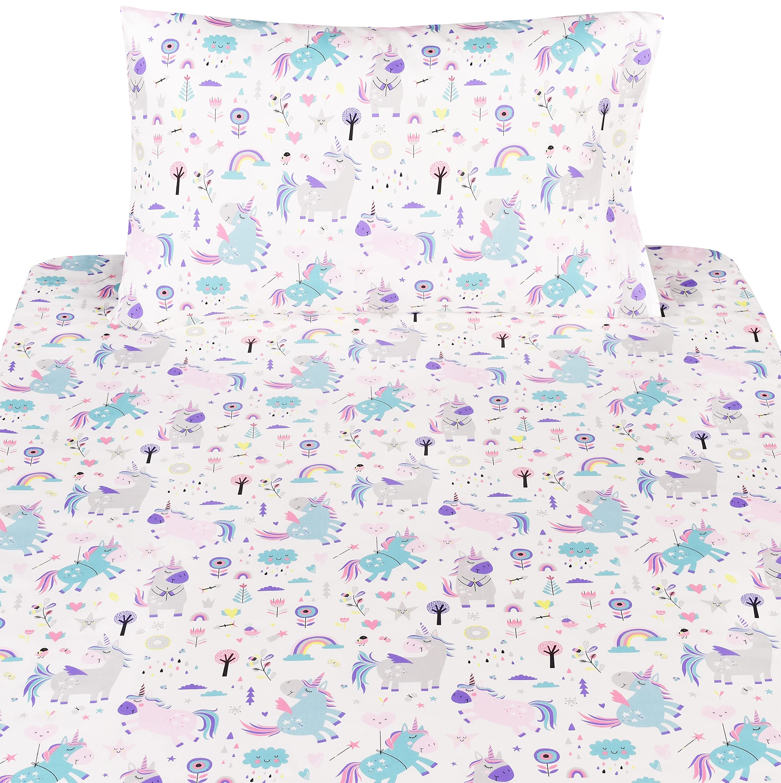 Scientific Sleep Cute Unicorn Flower Rainbow 100% Cotton Cozy Twin Bed Sheet Set, Flat Sheet & Fitted Sheet & Pillowcase Natural Bedding Set (Unicorn, Twin)