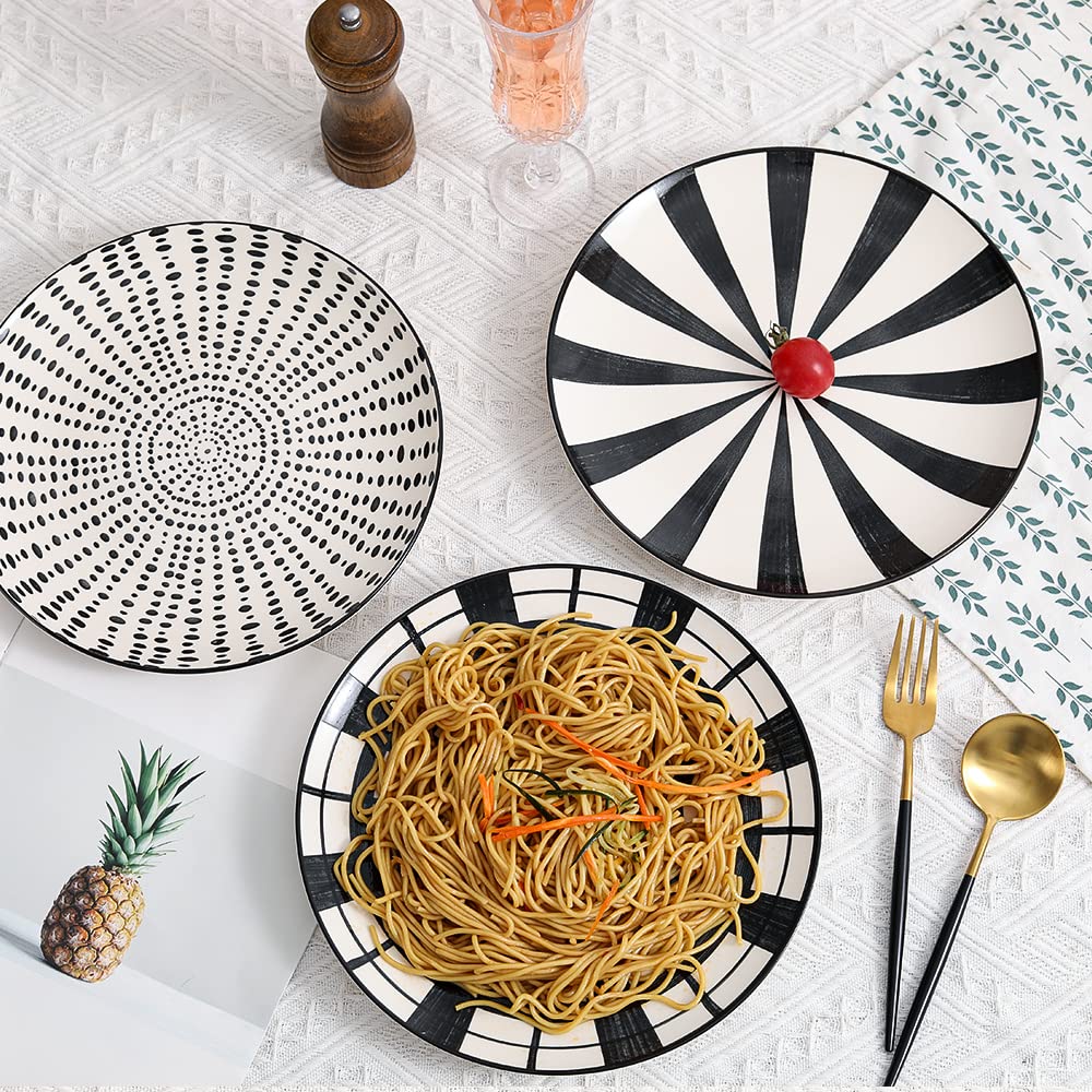 AHX Dinner Plates Ceramic Plate Set - 10 Inch Large Porcelain Round Plate Sets of 6 - Flat Modern Black Pattern Dining Plates for Kitchen | Family - Dishwasher | Microwave | Oven Safe