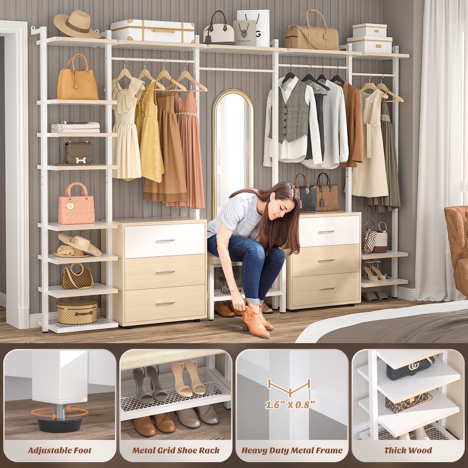 Aheaplus Clothing Rack Heavy Duty Closet Organizer for Hanging Clothes, Large Wall Mounted Garment Rack Clothes Rack with 6-Drawers for Wardrobe, Bedroom and as Walk-in Closet System, Natural+White