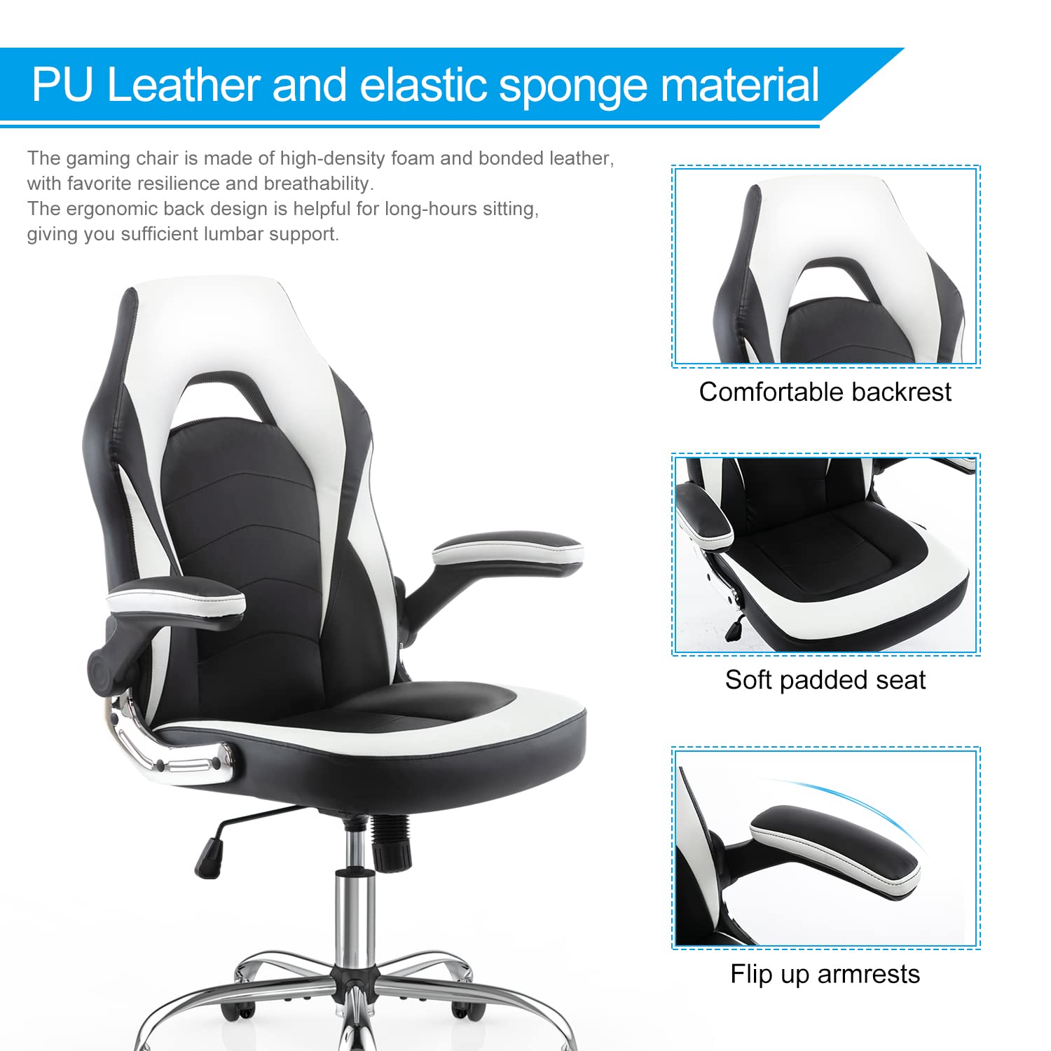 SMUG Gaming Ergonomic Office Computer Desk Racing Style Bonded Leather Gamer Chair, with Flip-Up Arms and Adjustable Height, White