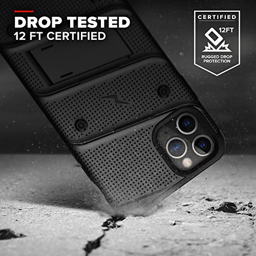 ZIZO Bolt Series iPhone 11 Pro Case - Heavy-Duty Military-Grade Drop Protection w/Kickstand Included Belt Clip Holster Tempered Glass Lanyard - Black