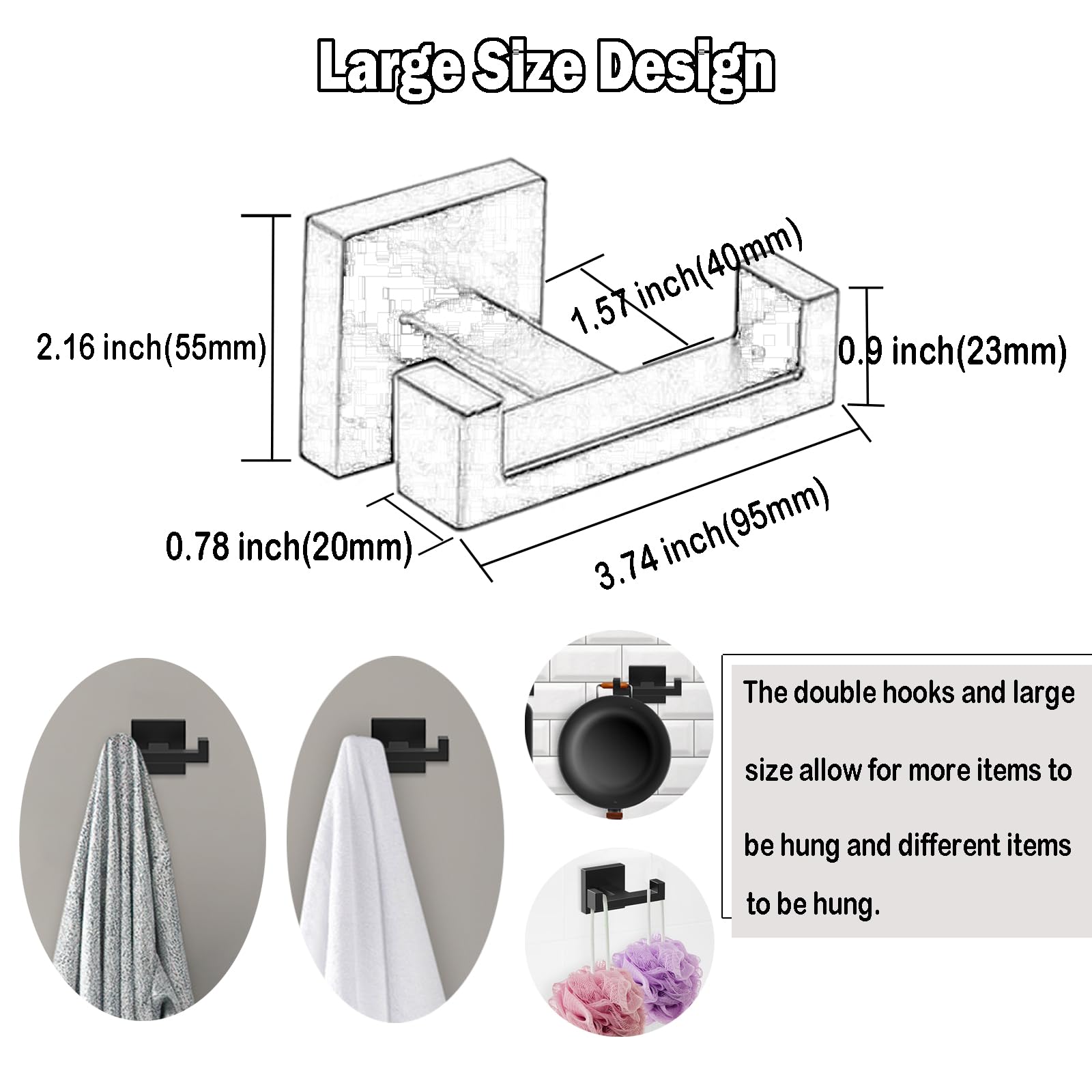 BOZWELL Double Towel Hooks for Bathroom Matte Black Wall Mount,Simple Modern Square Style Coat Robe Hook,Stainless Steel Heavy Duty Door Hanger for Bathroom Bedroom Kitchen Hotel Pool 1502-B-1