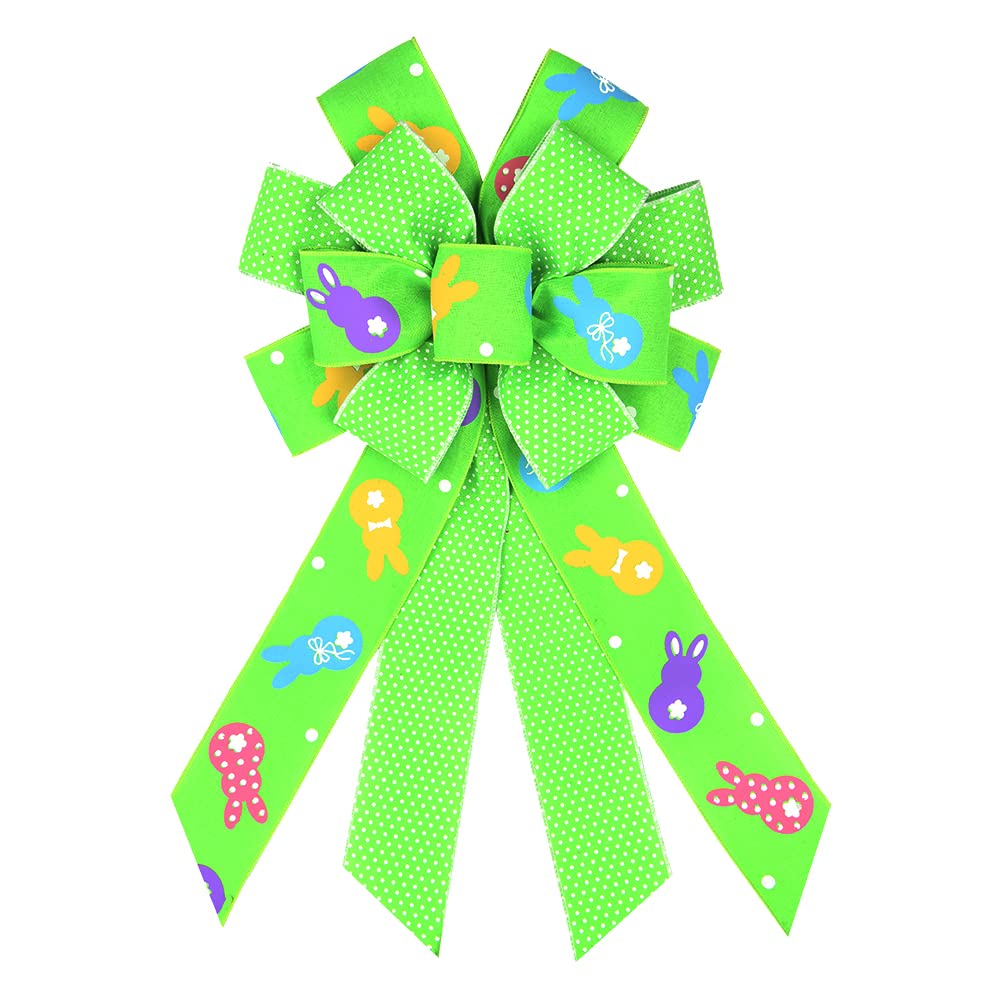 Easter Wreath Bows, Green Spots Rabbits Burlap Easter Bows for Wreaths - Large Easter Ribbon Bows for Easter Day Home Garden Indoor Outdoor Decoration Wreath Ornament Supplies