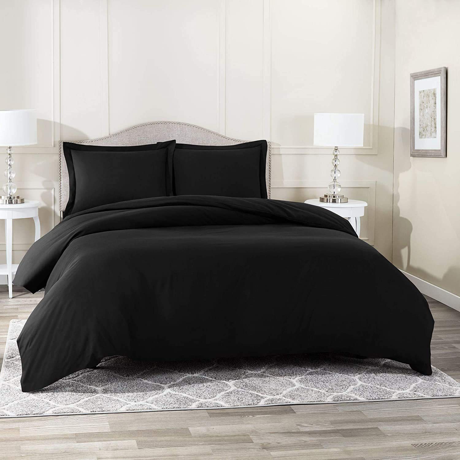 BSC Collection Duvet Cover 3 Piece Set - Luxurious 100% Long Staple Cotton 800 Thread Count Sateen Weave - 1 Comforter Cover with Zipper Closure and 2 Pillowcases, Full/Queen, Black - Duvet Set