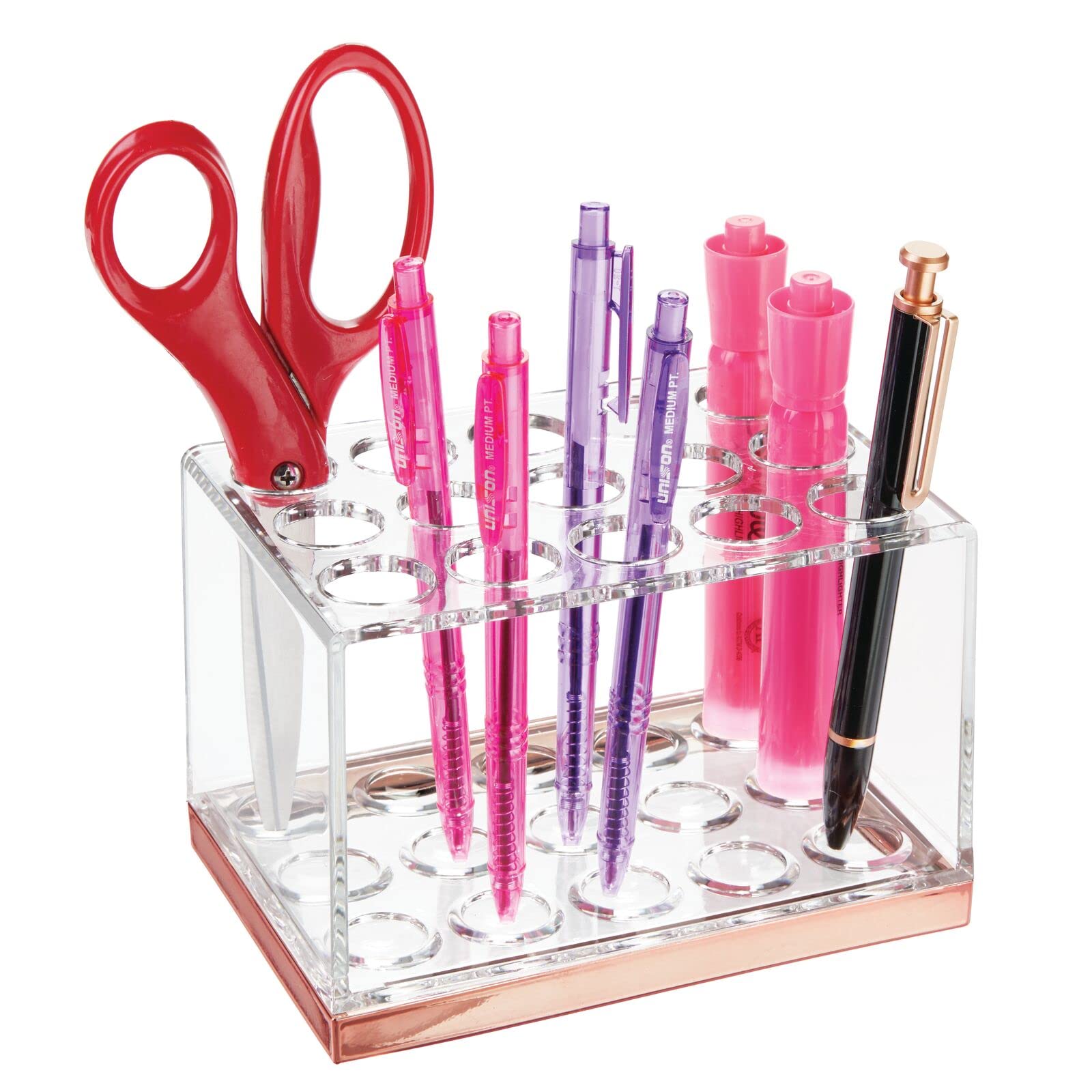 mDesign Plastic Makeup Brush Storage Organizer with 15 Slots for Bathroom Countertop, Vanity to Hold Eye/Lip Pencils, Lip Gloss, Liners, Lipstick - Clear/Rose Gold