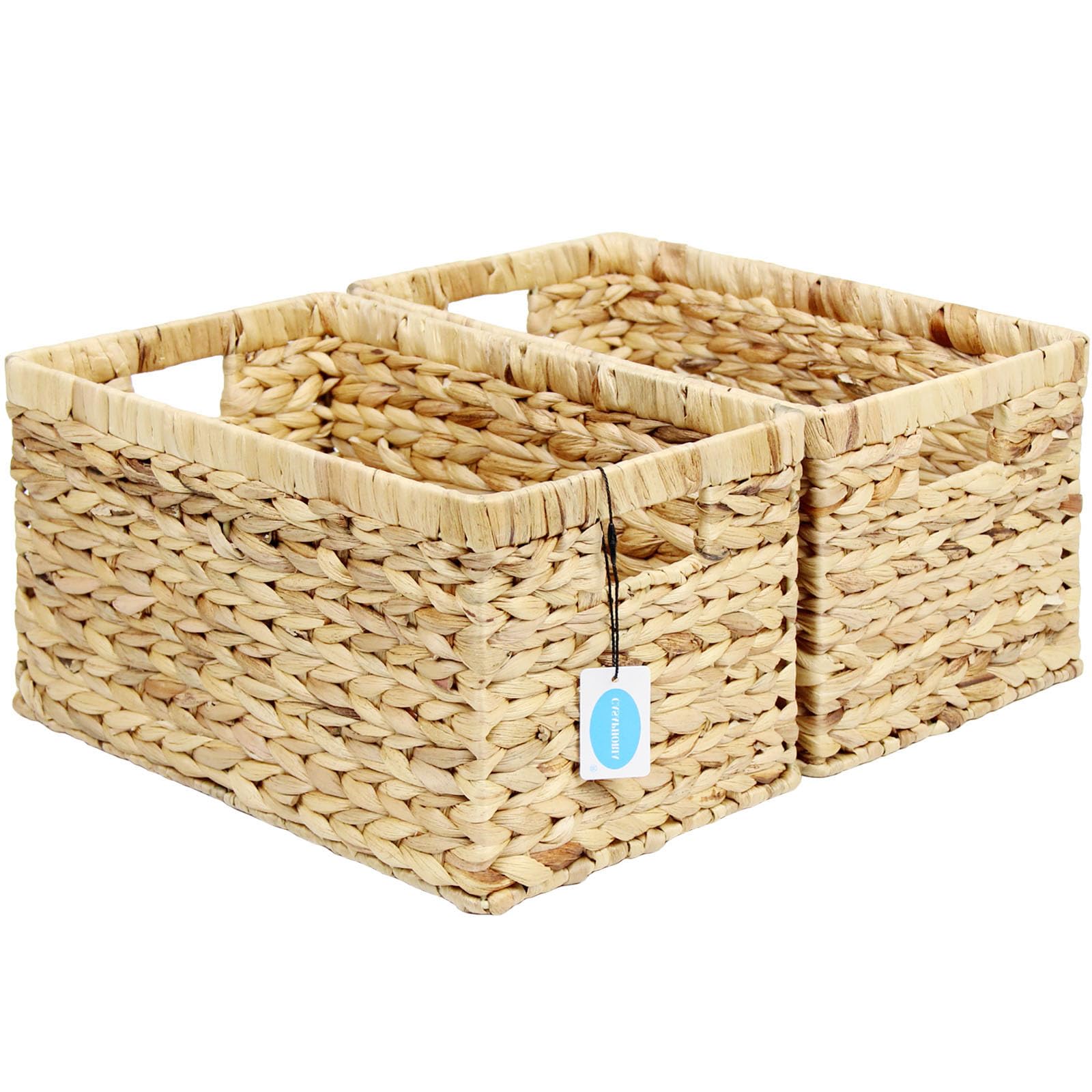 Casaphoria large Square Irregular Hyacinth Storage Baskets Natural Hand Woven Water Hyacinth Basket Durable Trapezoid Sundries Baskets with Built-in Wooden Handles Funnel Basket,2-Pack