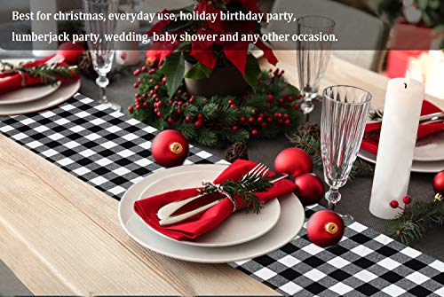 Senneny Christmas Table Runner Burlap & Cotton Black White Plaid Reversible Buffalo Check Table Runner for Christmas Holiday Birthday Party Table Home Decoration, 14 x 72 Inch