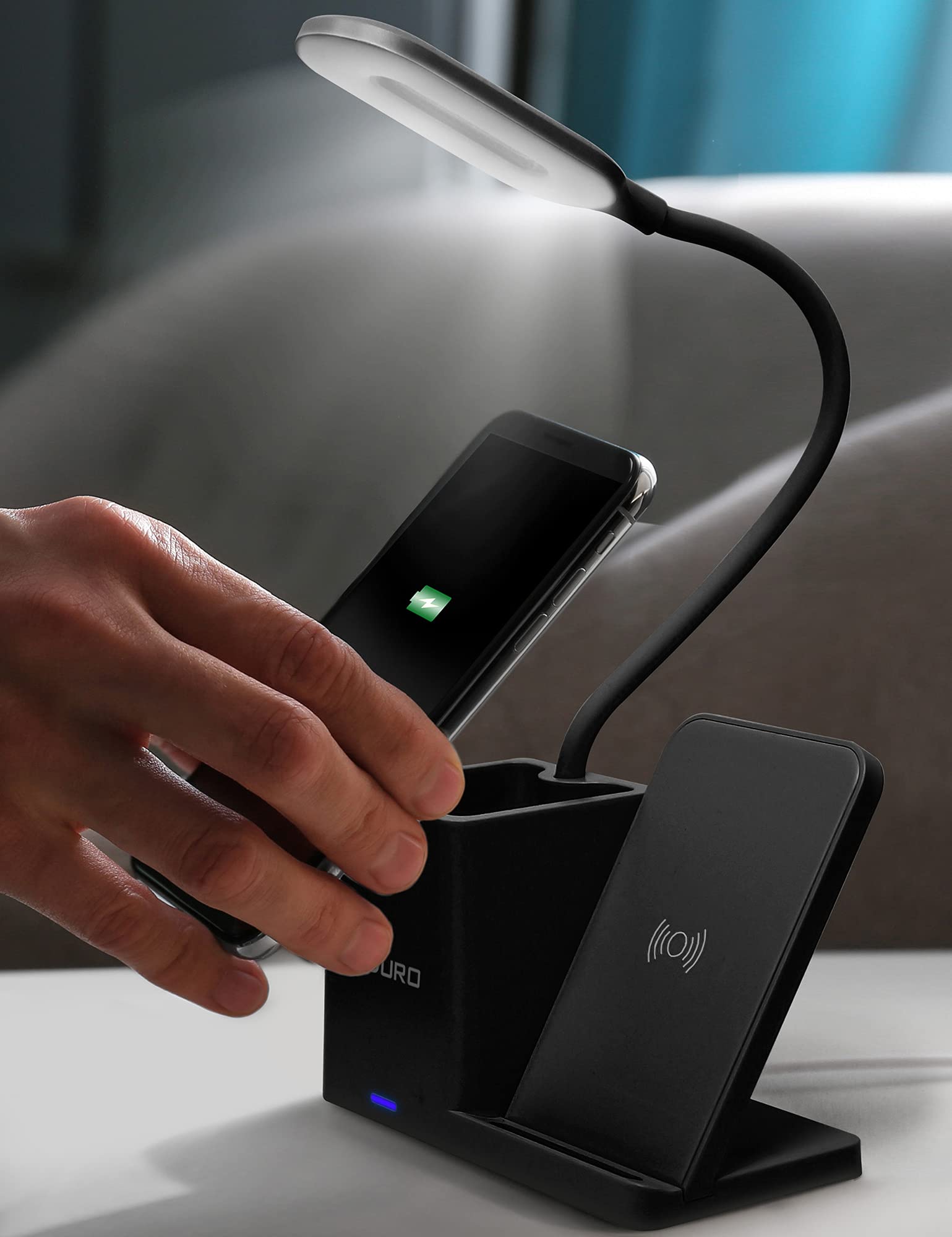 Aduro U-Light LED Desk Lamp Organizer Desk Light with Pen Holder & QI Wireless Charger Stand Black