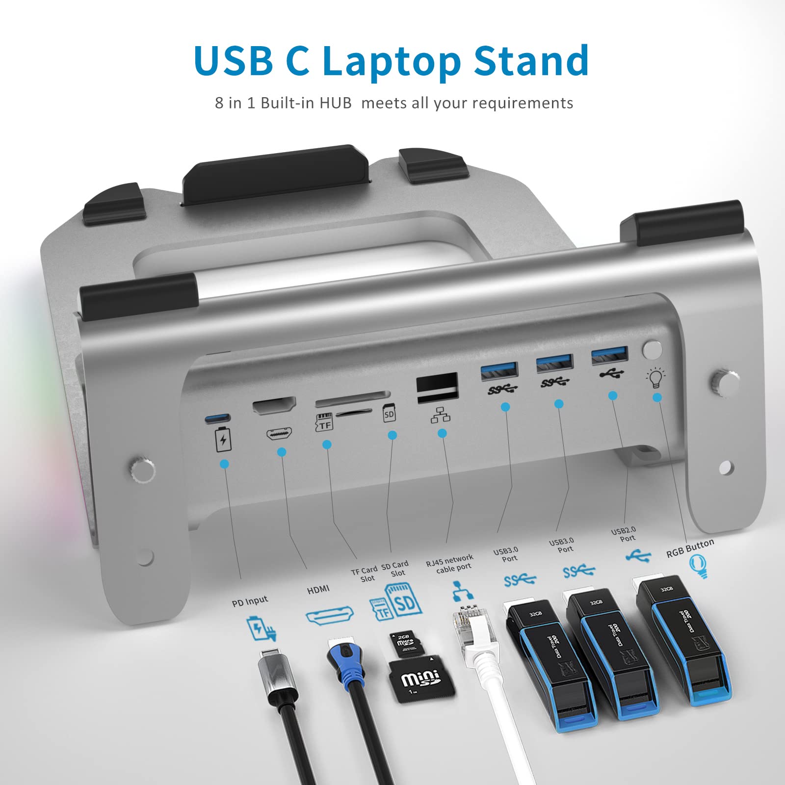 ARGB Lights Laptop Stand with USB C 8 in 1 HUB, Aluminum Laptops Computer Stand, HDMI, USB 3.0, USB 2.0, RJ45 Ethernet, SD, TF, Type C PD