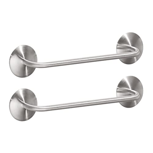 mDesign Decorative Metal Small Towel Bar - Strong Self Adhesive - Storage and Display Rack for Hand, Dish, and Tea Towels - Stick to Wall, Cabinet, Door, Mirror in Kitchen, Bathroom - 2 Pack - Brushed