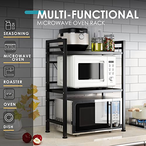 DOLALIKE Microwave Oven Rack, Expandable Microwave Stand Countertop Kitchen Utensils Tableware Storage, Carbon Steel Over Microwave Shelf Countertop 3 Tier with 3 Hooks