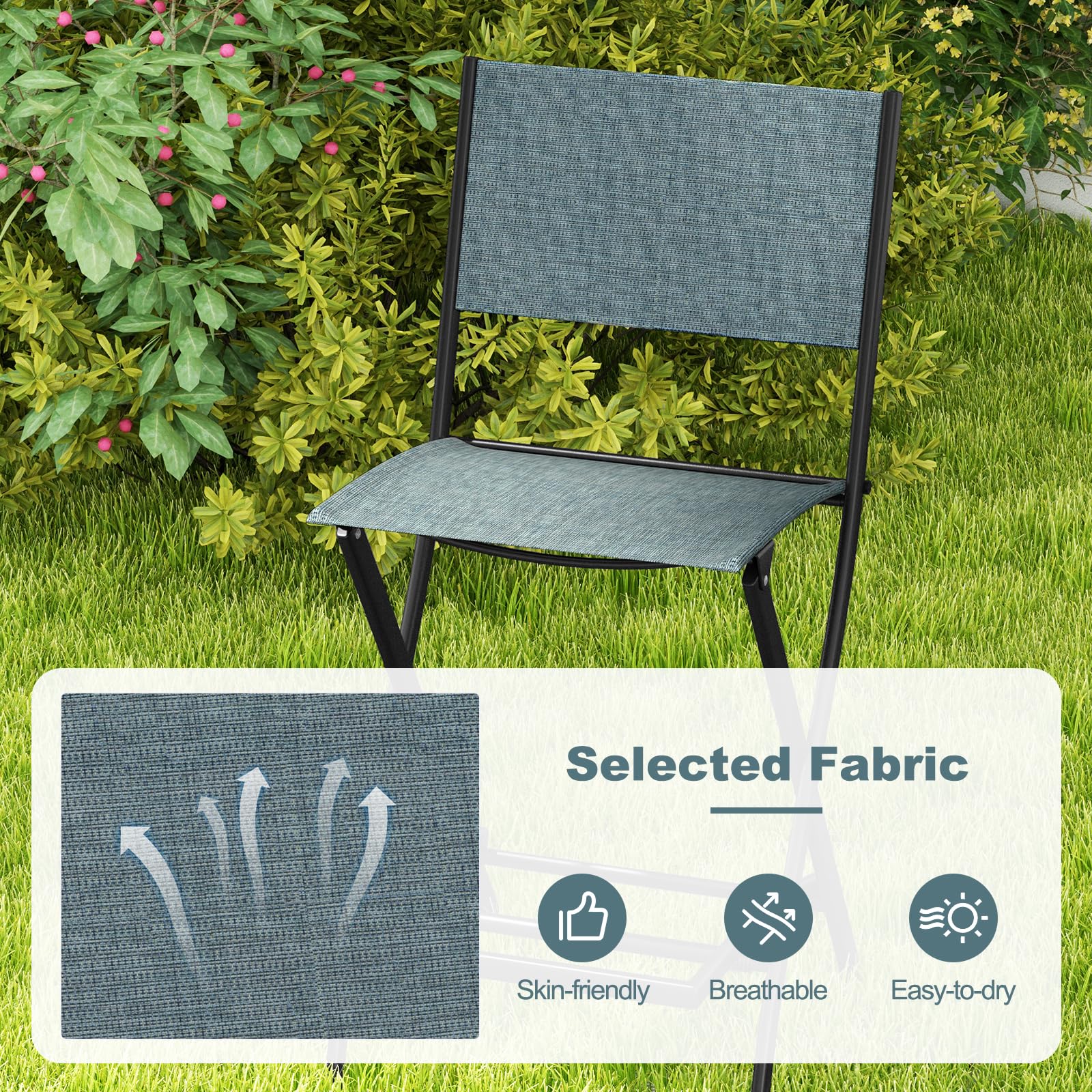Giantex Folding Patio Bar Chairs Set of 4, Outdoor Counter Height Bar Stools with Footrest & Back, All-Weather Textilene, Metal Frame, for Porch Deck Lawn Garden, Light Blue