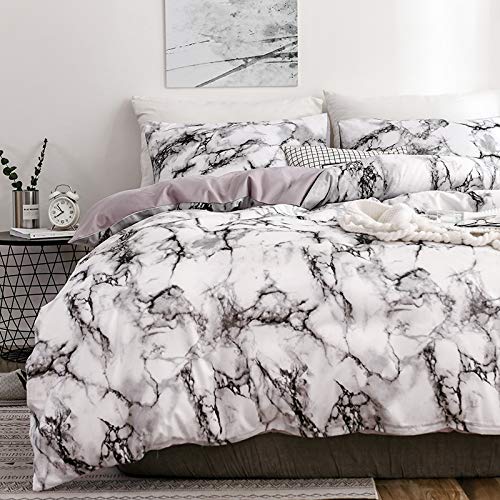 Jolusere White Marble Duvet Cover Set Queen Size White Gray Reversible Bedding Set Boho Aesthetic Farmhouse Bedding Ultra Soft Lightweight Breathable Microfiber Bed with Zipper Closure for All Seasons