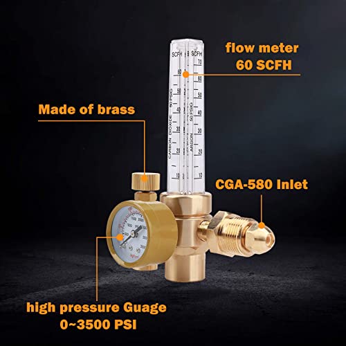 Argon CO2 Regulator, Tig Mig Welding Regulator Argon Flow Meter with 6.6Ft Gas Hose CGA-580 Inlet 0-3500PSI Pressure Gauge 10-60 CFH
