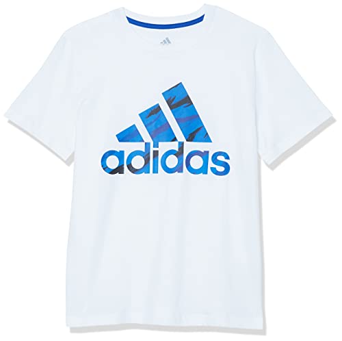 adidas Boys' Little Short Sleeve Cotton Camo BoS Logo T-Shirt, White with Blue, 5