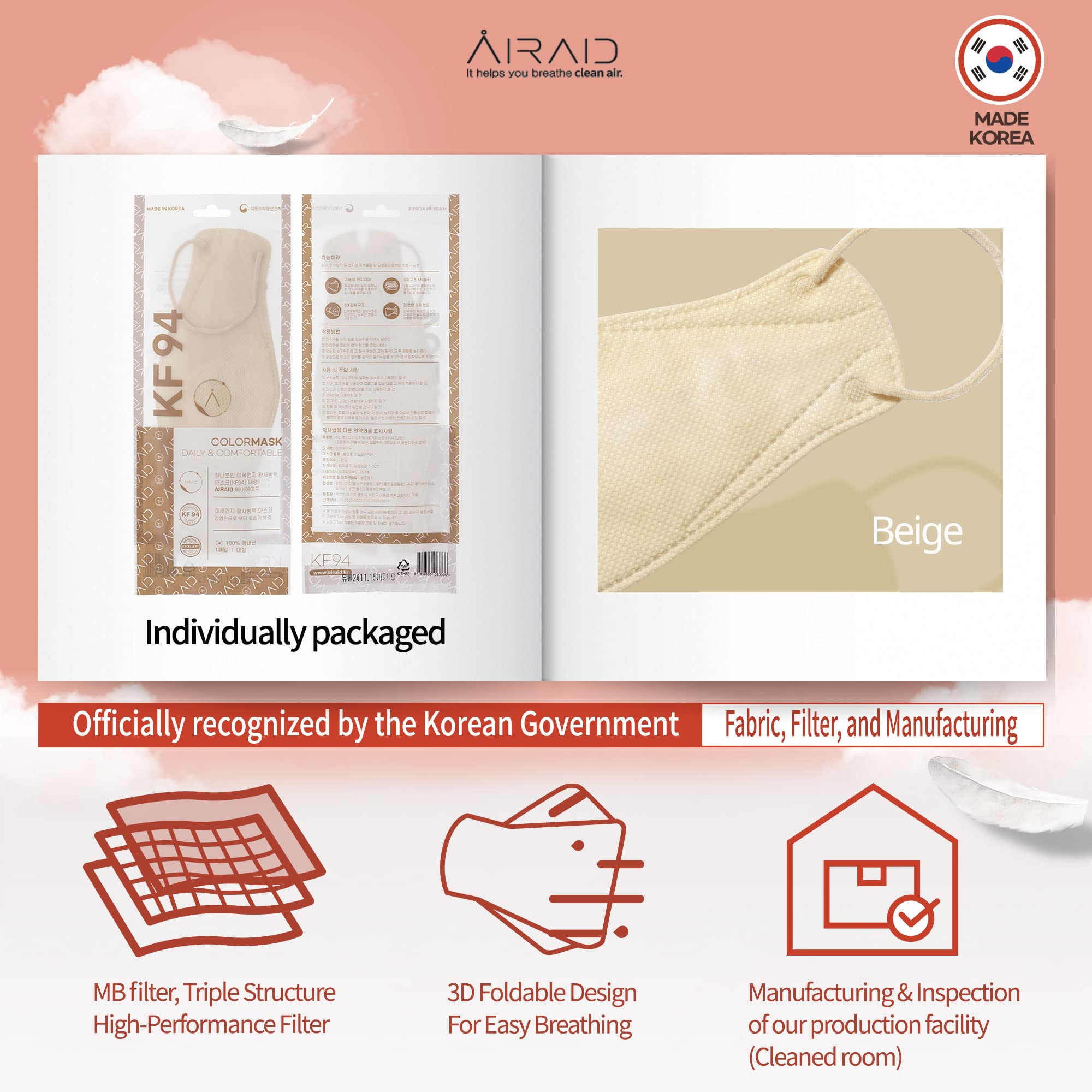 AIRAID-KF94 [Individually Wrapped] - Made in Korea, 3D Multicolor Packs, Face Protective Mask, Adult and Older Teens (Beige-20P)