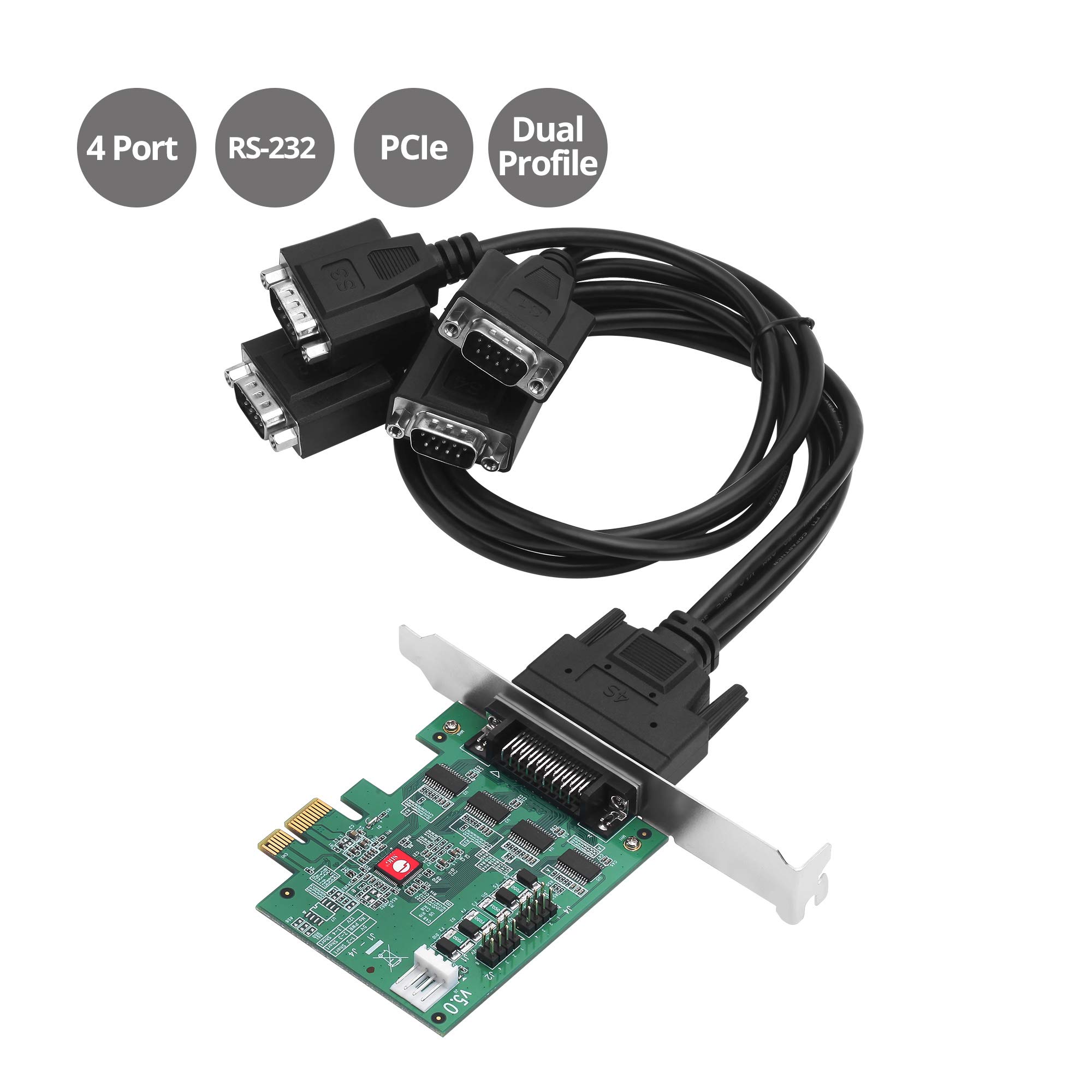 SIIG DP CyberSerial 4S PCIe, 16550 UART, Baud Rates up to 921Kbps, PCIe 2.0 x1 to 4X RS-232 Male 9-pin DB9, RS-232 5V or 12V Power, ASIX AX99100 Chipset, Dual-Profile,TAA Compliant JJ-E40011-S5