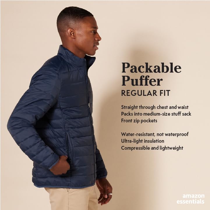 Amazon Essentials Men's Packable Lightweight Water-Resistant Puffer Jacket (Available in Big & Tall), Indigo, Medium