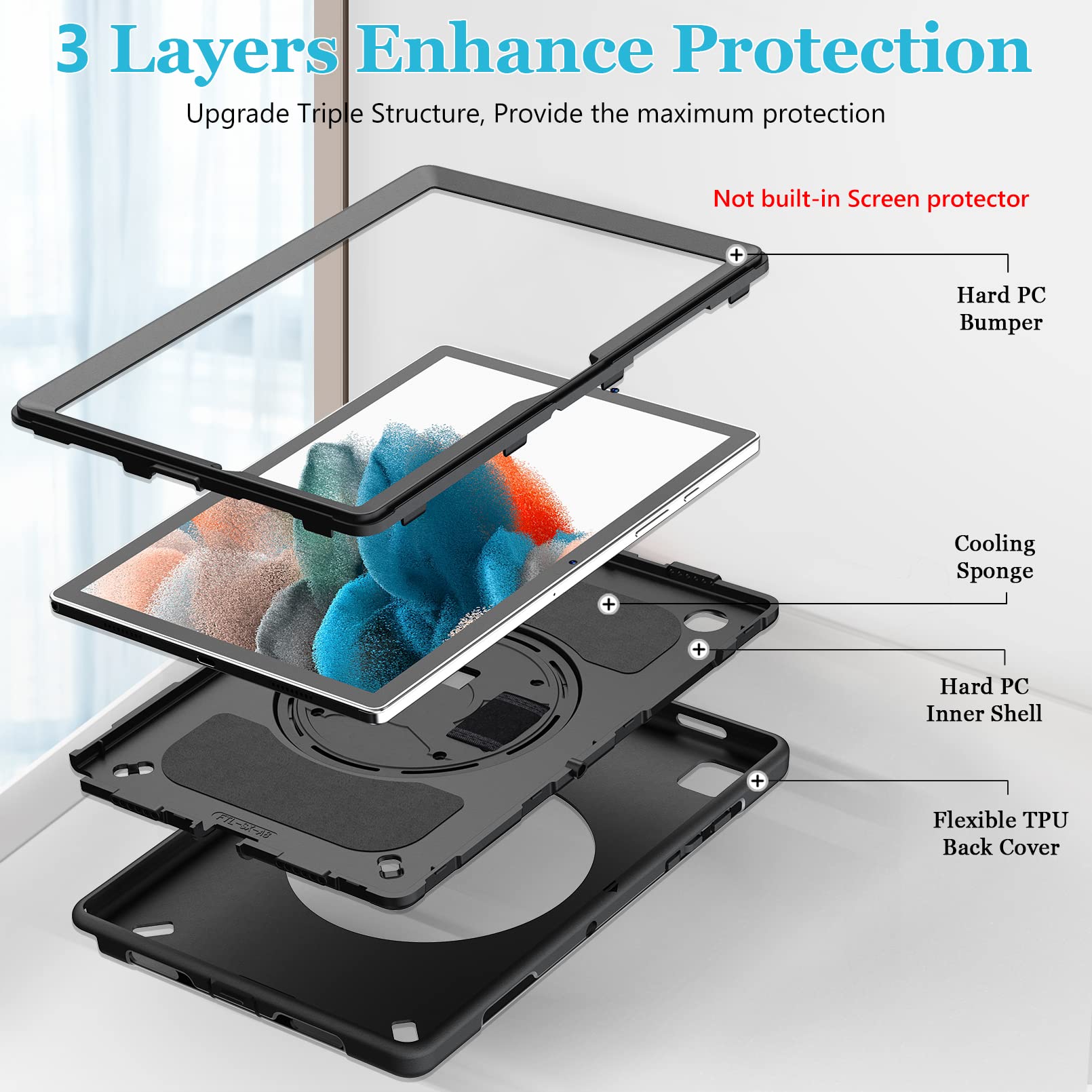 Case for Samsung Galaxy Tab A8 10.5 2022: Heavy Duty Rugged TPU Protective Cover for Tablet A8 5G (SM-X200/ SM-X205/ SM-X207) W/Stand+ Pencil Holder+ Handle+ Shoulder Strap -Black