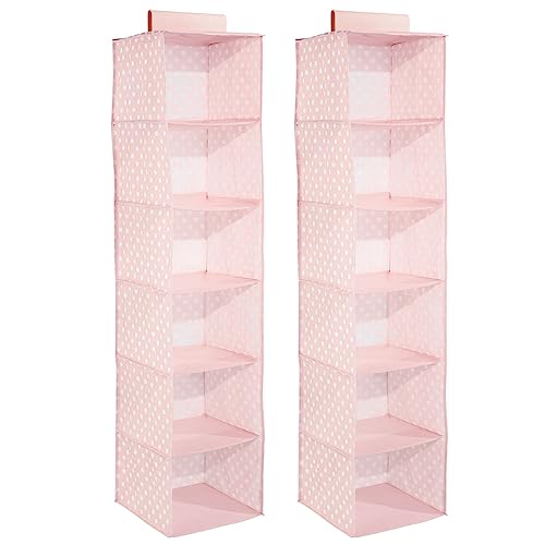 mDesign Fabric Hanging Organizer - Over Closet Rod Storage with 6 Shelves for Baby Nursery Bedroom Organization - Hold Clothes, Linens, Toys, Accessories - 2 Pack, Pink/White Polka Dot