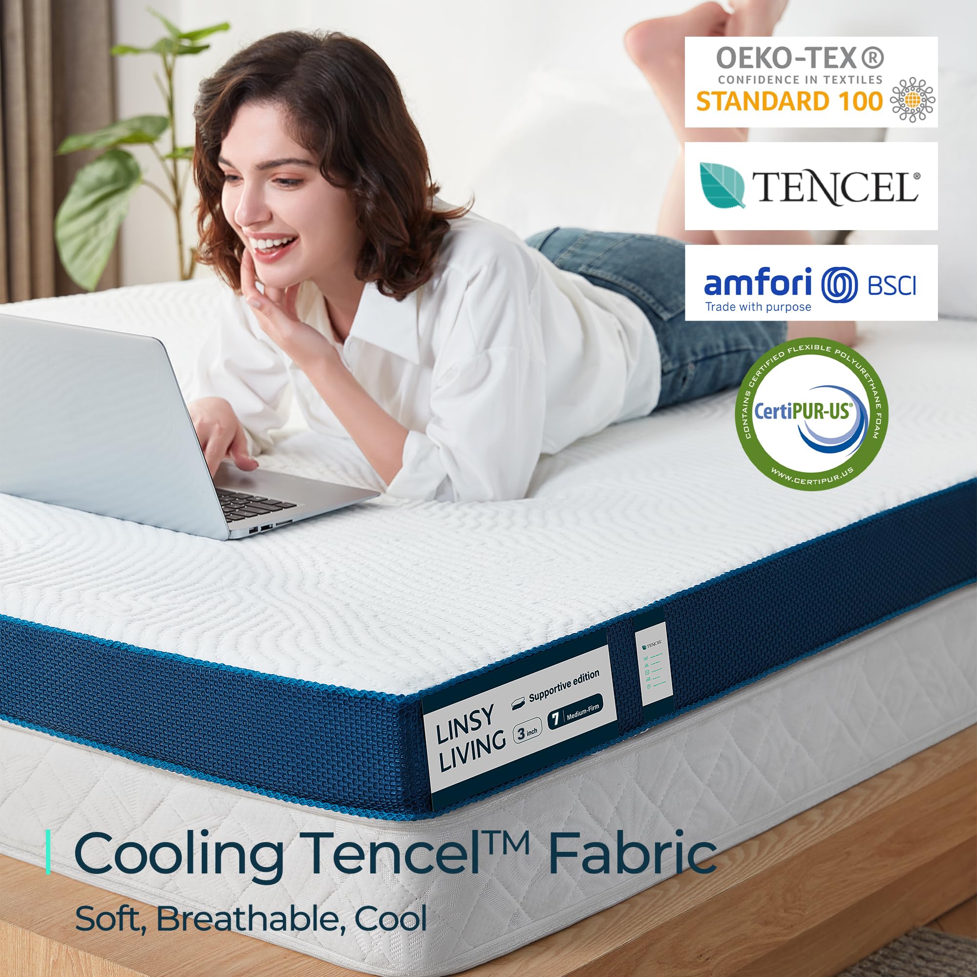 LINSY LIVING California King Mattress Topper, 4 Inches Dual Layer Firm Memory Foam, Removable and Washable Tencel™ Cover, Adjustable Straps, CertiPUR-US Certified, Oeko-TEX, CK Size