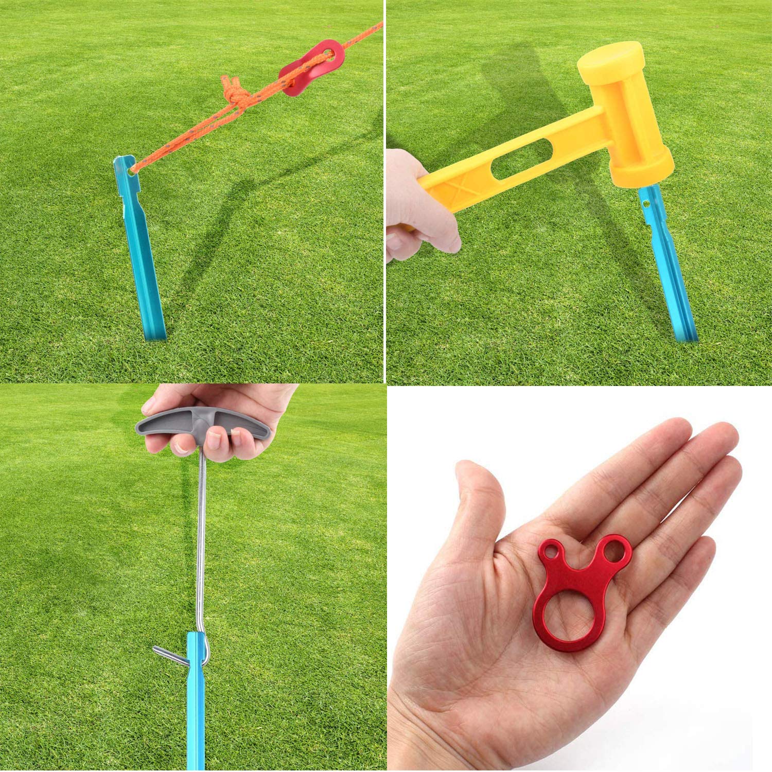 Allazone 20 PCS Aluminum Lightweight Tent Stakes Set, Camping Tent Stakes Accessories Kit, 10 PCS Tent Stakes, Plastic Hammer, Nail Puller and Rope with Guylines Adjuster for Easy Camping