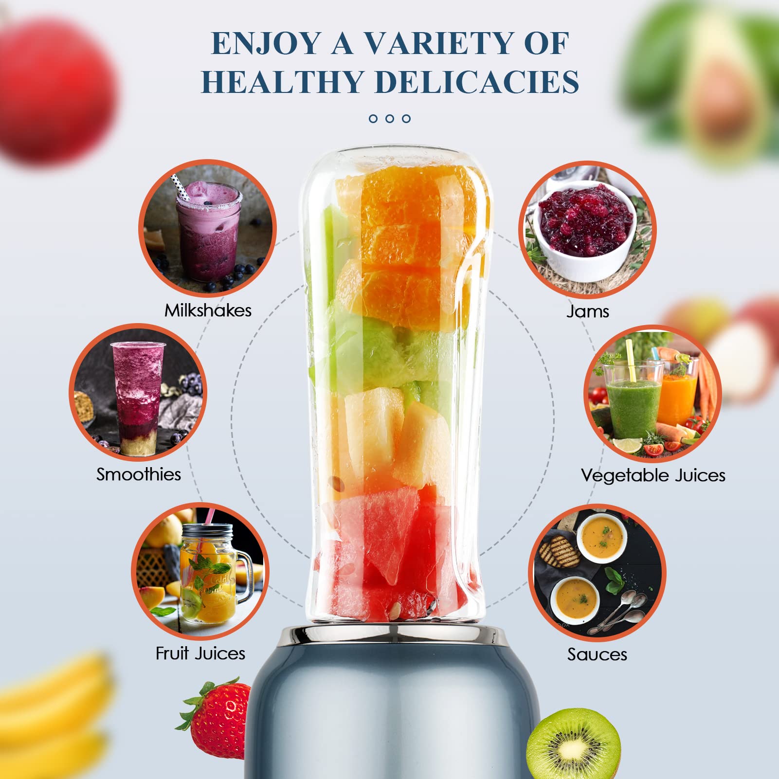 Smoothie Blender with 6 Sharp Blades, Personal Mini Blender for Shakes and Smoothies with 3 Adjustable Speeds, Blender for Kitchen with blending and grinding, BPA-free 2 Travel Cup