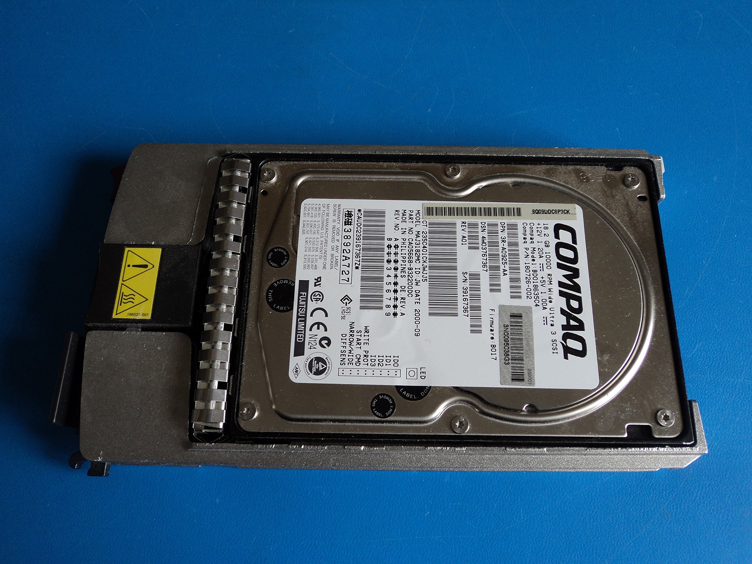 Compaq 18.2GB 10K U3 SCSI HDD, BD018635C4, 180726-002, MAJ3182MC, CA05668-B33600DL, 152190-001 W/Tray