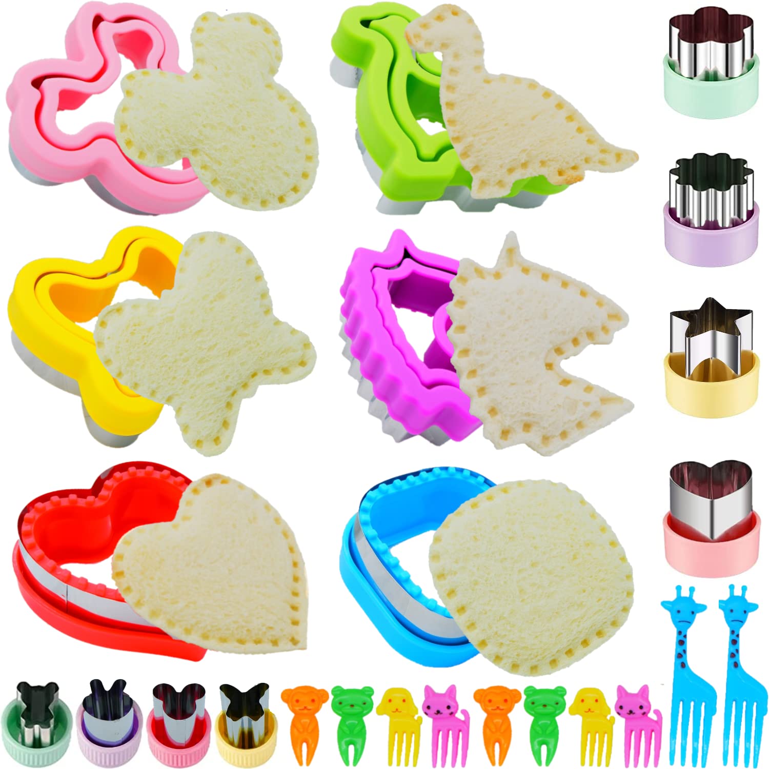 BANIC 24Pcs Sandwich Cutter and Sealer Set, Uncrustables Maker, Crustless Sandwich Cutter shapes Set Butterfly Unicorn Dino ect, Lunch & Bento Box Accessories,Bread Fruit Cookie Cutters for kids