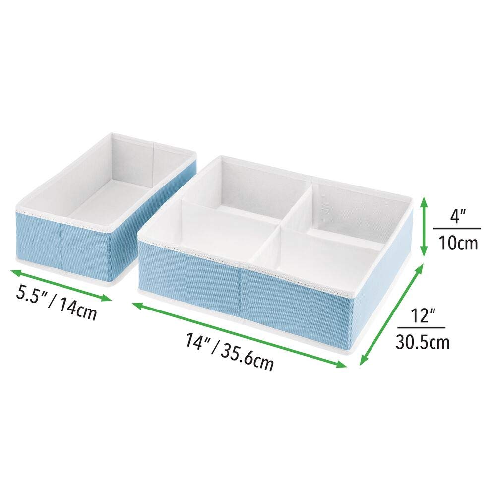 mDesign Soft Fabric Polka Dot Dresser Drawer and Closet Storage Organizer Bin for Child/Kids Room, Nursery, Playroom - Divided 5 Section Tray, Set of 2 - Light Blue/White