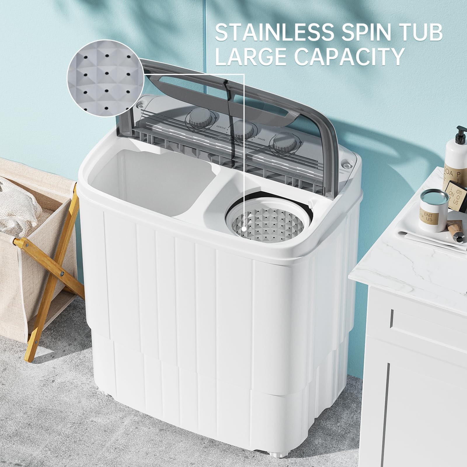 INTERGREAT Portable Washing Machine, 22 lbs Mini Small Washer Machine Combo with Spin Dryer, Compact Twin Tub Laundry Washer Machine for Apartments, Dorm, Rv, Camping, Gray