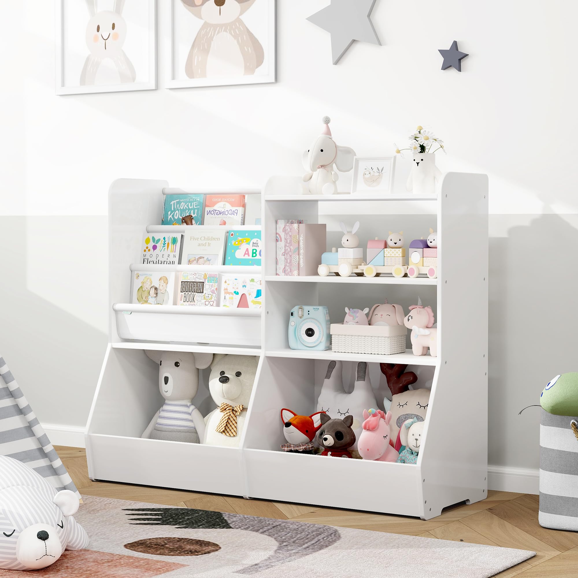 MallBest Kids Bookshelf Toy Storage Organizer Cabinet for Children Book Display 4 Tier Kids Bookshelf 3 Layer Sling Toddler Bookcase Playroom Nursery Classroom Kid Room(White)