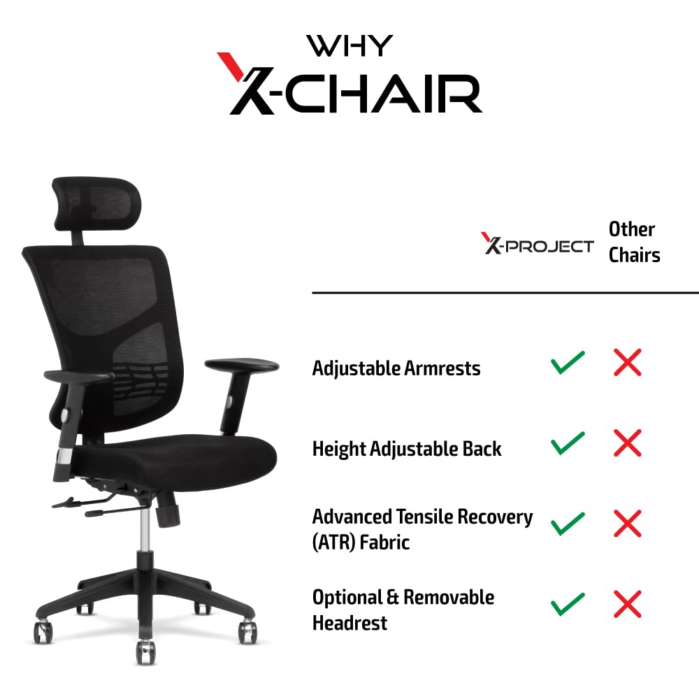 X-Chair X-Project High End Task Chair, Black A.T.R. Fabric with Headrest - Ergonomic Office Seat/Advanced Tensile Recovery Fabric/Highly Adjustable & Supportive/Comfortable Feel/Perfect for Workspace