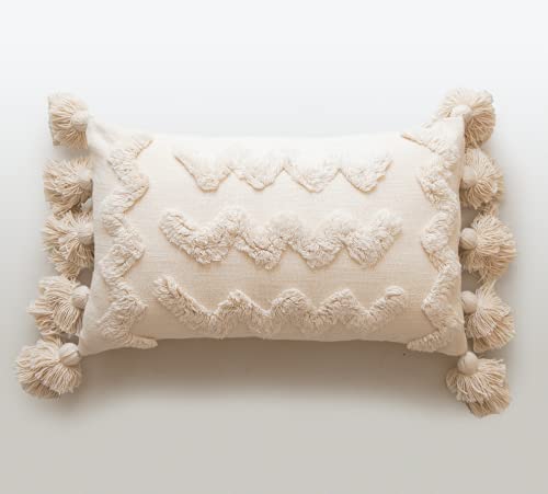 Banilla Throw Pillow Cover Bundle | Featuring a Pair of Hand Tufted Diamond Detailed 18" Pillow Covers & a 12x20 Lumbar Pillow with Chunky Tassels | Natural White