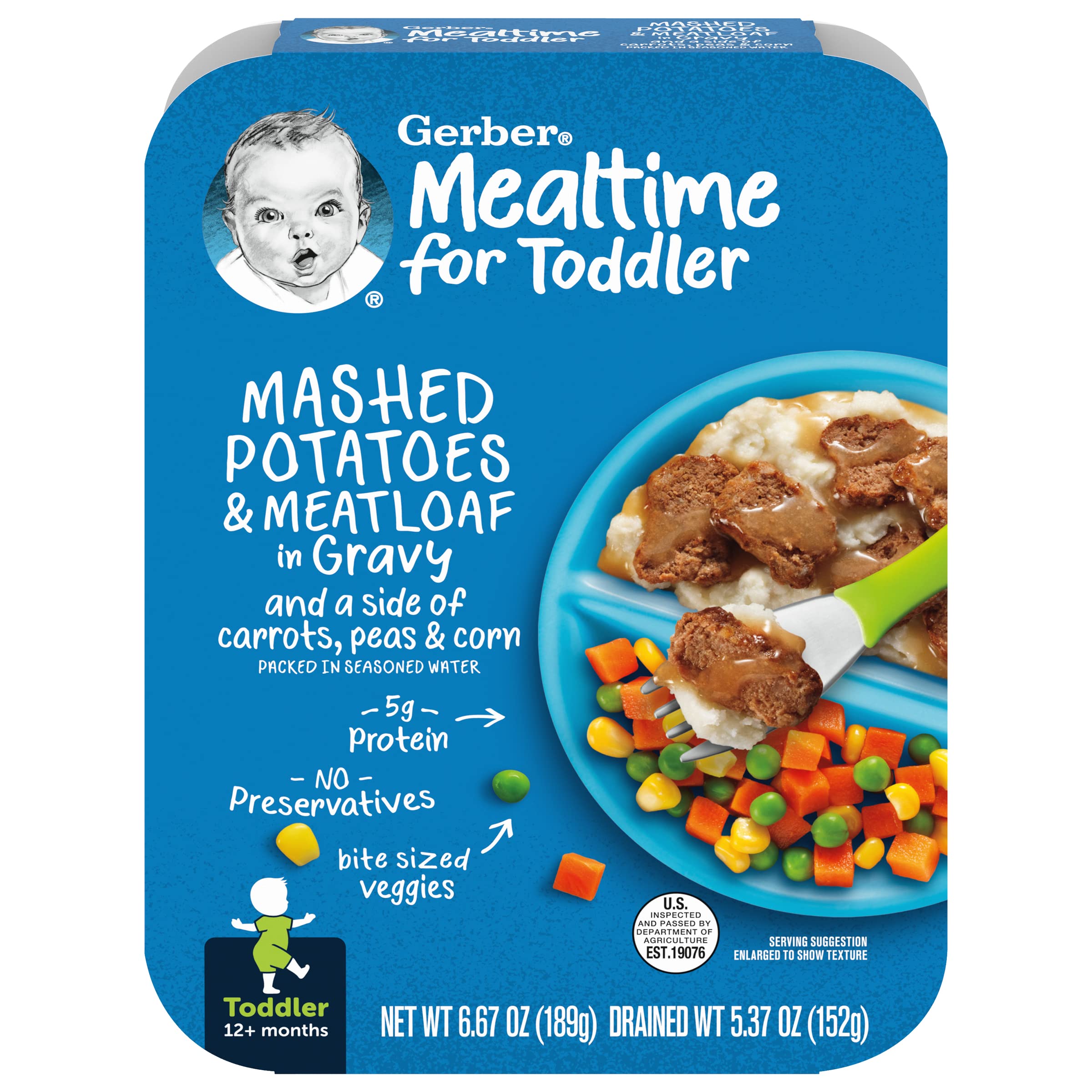 Gerber Mealtime for Toddler Mashed Potatoes with Meatloaf & Gravy & Side of Carrots, Peas & Corn, 6.67 Ounce