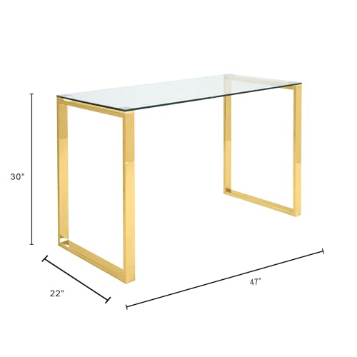 Uptown Club Modern Writing Gold Leaf Stainless Steel Legs and Tempered Glass Top, Computer Table for Home or Office, 47" D x 22" W x 30" H