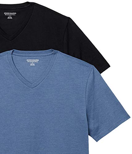 Amazon Essentials Men's Slim-Fit Short-Sleeve V-Neck T-Shirt, Pack of 2, Black/Navy Heather, Large