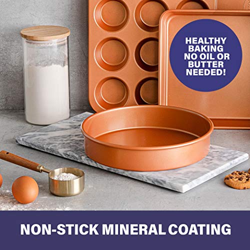 Gotham Steel Round Baking Pan Nonstick Bakeware, Round Cake Pan, – Large 9.5” x 9.5” x 2” Size, Even Heat & Non-Warp Technology, Ultra Nonstick Ceramic Coating, Dishwasher Safe, Brownish