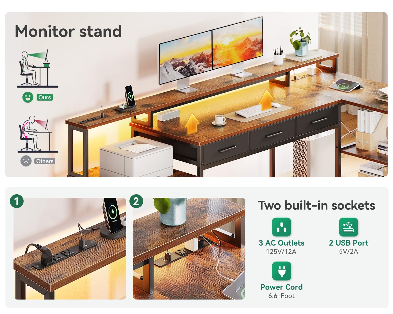 AODK 79" L Shaped Desk with 7 File Drawers, L Shaped Computer Desk with 2 Power Outlets & Monitor Shelf, Home Office Desk with Storage Shelves, Reversible Gaming Desk with LED Light, Vintage