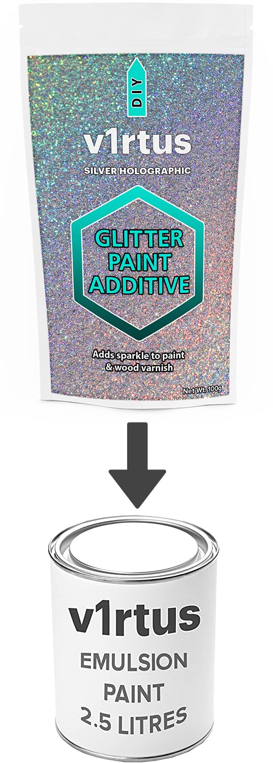 v1rtus Silver Holographic Glitter Paint Additive [400g] with 4X Finishing Buffing Pads for Painting Glitter Walls - Add to Latex Paint, Interior or Exterior for Easy Glitter Sparkle Walls, Ceilings