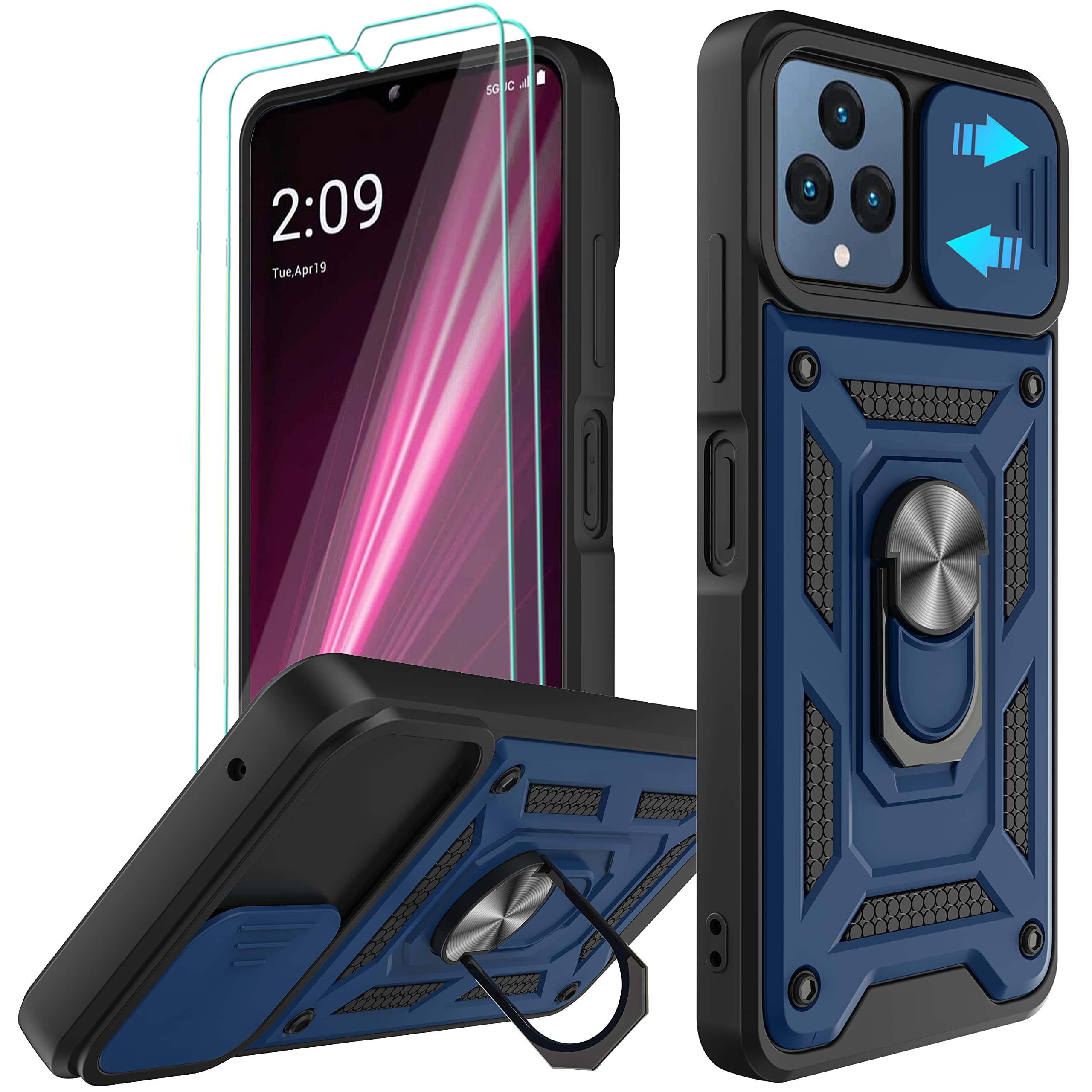 AKINIK for T-Mobile REVVL 6 5G Case, Revvl 6X 5G Case with Slide Camera Cover and 2pcs HD Screen Protector, 360° Rotation Ring Kickstand [Military Grade] Protective Case (Blue)