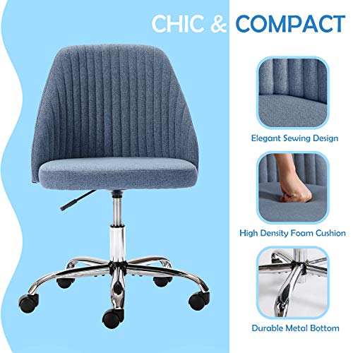 Home Office Desk Chair, Modern Linen Fabric Chair Adjustable Swivel Task Chair Mid-Back Cute Upholstered Armless Computer Chair with Wheels for Bedroom Studying Room Vanity Room (Blue)