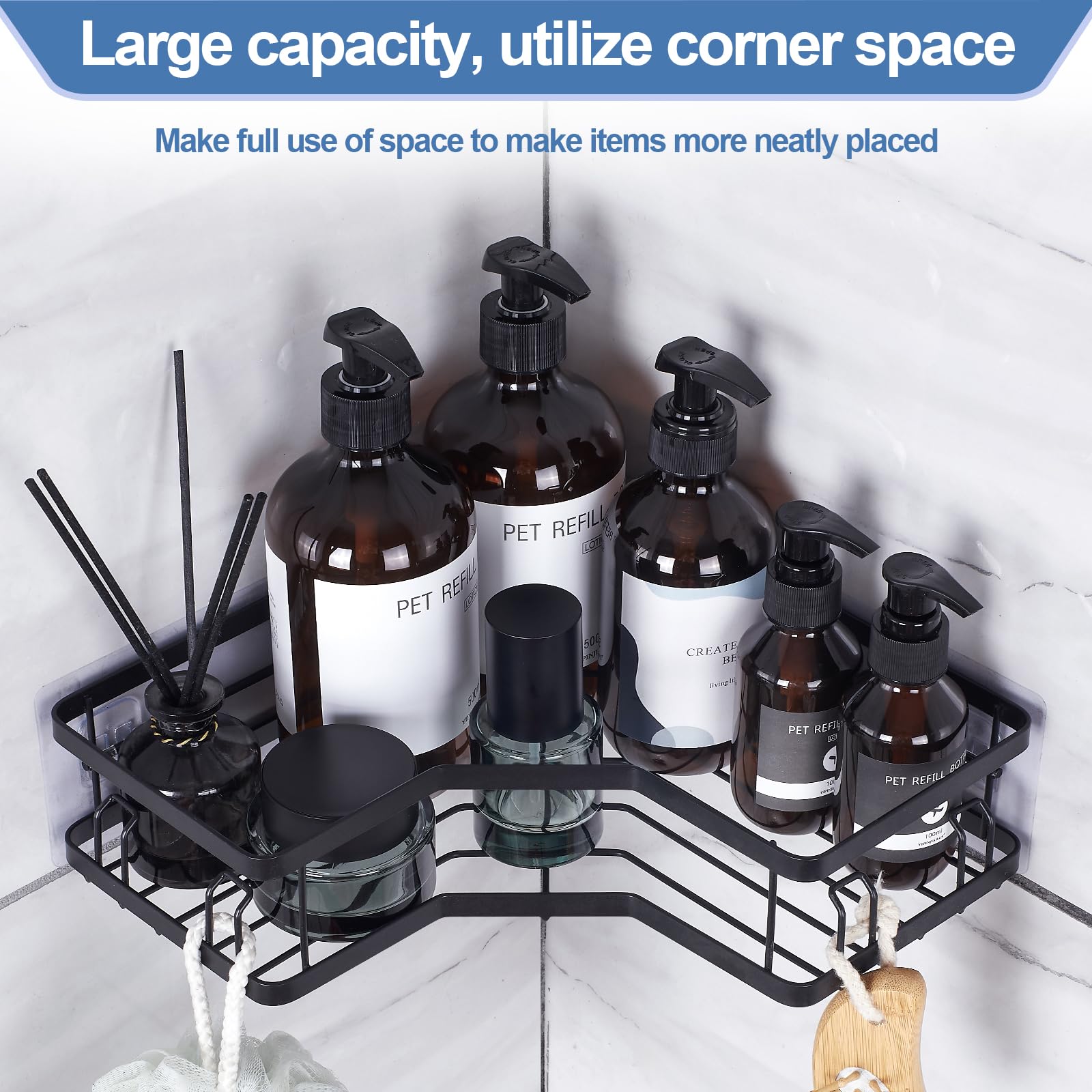 B BSIASIO Shower Car -3-Piece Set, With Soap Holder and Hook, Rust Resistant Stainless Steel Bathroom Shower Car, Non Drilled Wall Mount Bracket, Corner Shower, Black