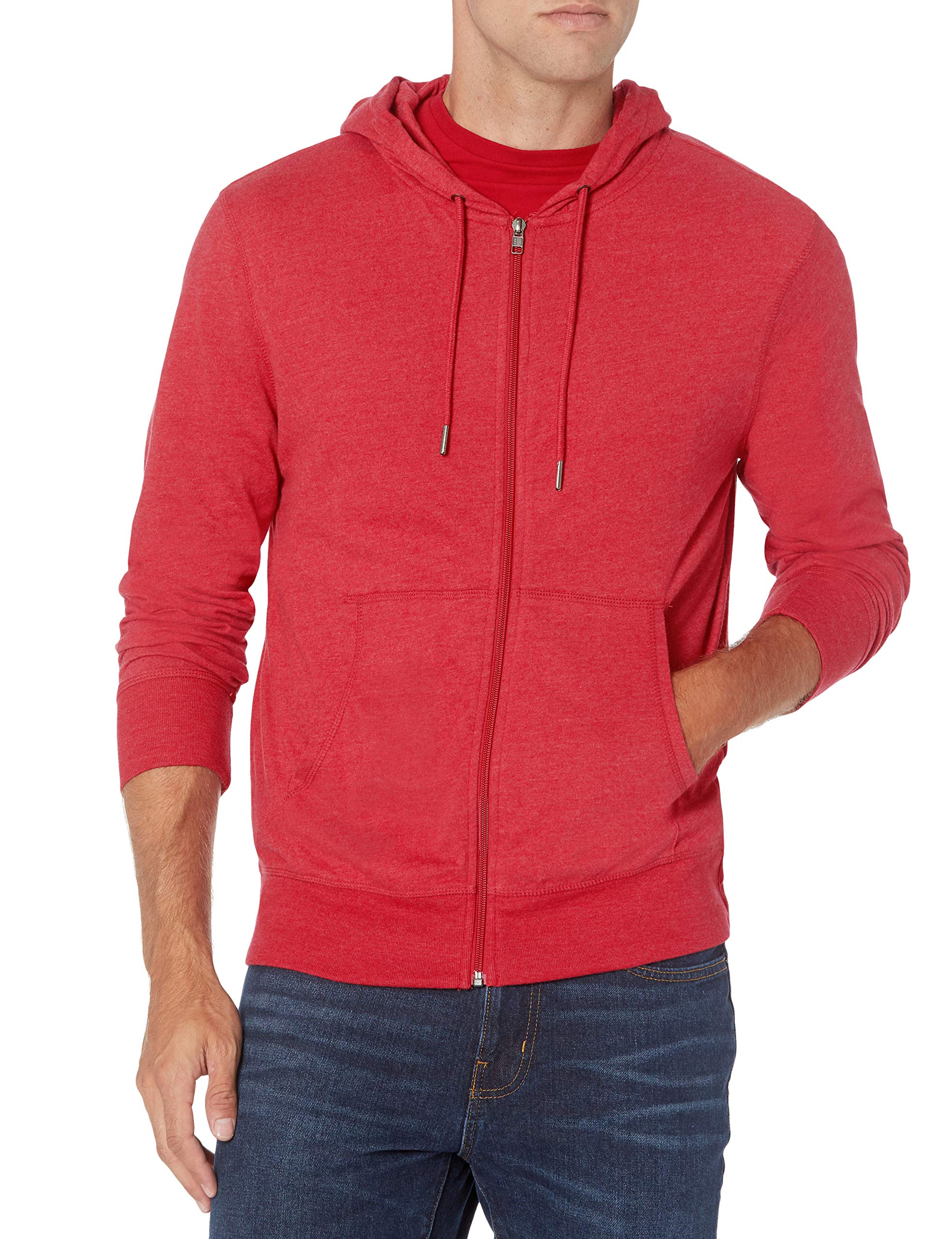 Amazon Essentials Men's Lightweight Jersey Full-Zip Hoodie, Red, Large