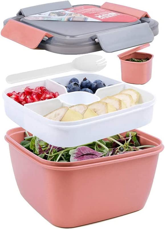 shopwithgreen 52 OZ to Go Salad Container Lunch Container, BPA-Free, 3-Compartment for Salad Toppings and Snacks, Salad Bowl with Dressing Container, Built-in Reusable spoon, Microwave Safe