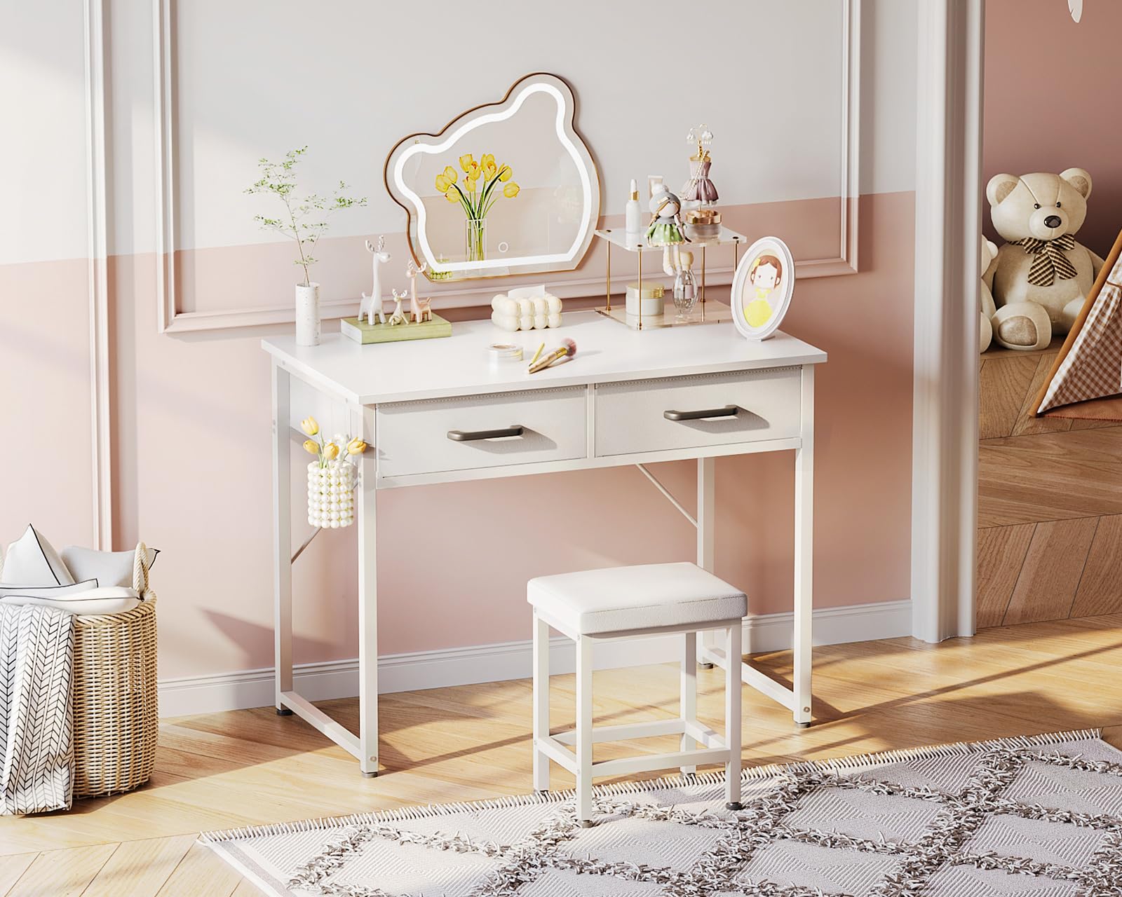 AODK Vanity Desk with 2 Fabric Drawers, 32 Inch Makeup Vanity Without Mirror, Small White Vanity Desk for Bedroom, Makeup Vanity Table with Chair, Kids Girls Vanity Set, White