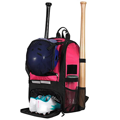 Baseball Softball Bag for Girls and Adults, Baseball Bag with Separate Shoe Compartment, Large Baseball Backpack, Softball Backpack with Fence Hook, Baseball Bat Bag with 4 Side Sleeves Pink